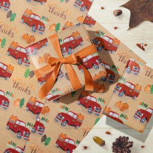 WRAPAHOLIC Kraft Thanksgiving Wrapping Paper Roll - Mini Roll - 17 Inch x 33 Feet - Car Pumpkins and Give Thanks Lettering Design, Perfect for Thanksgiving, Autumn, Party, Holiday