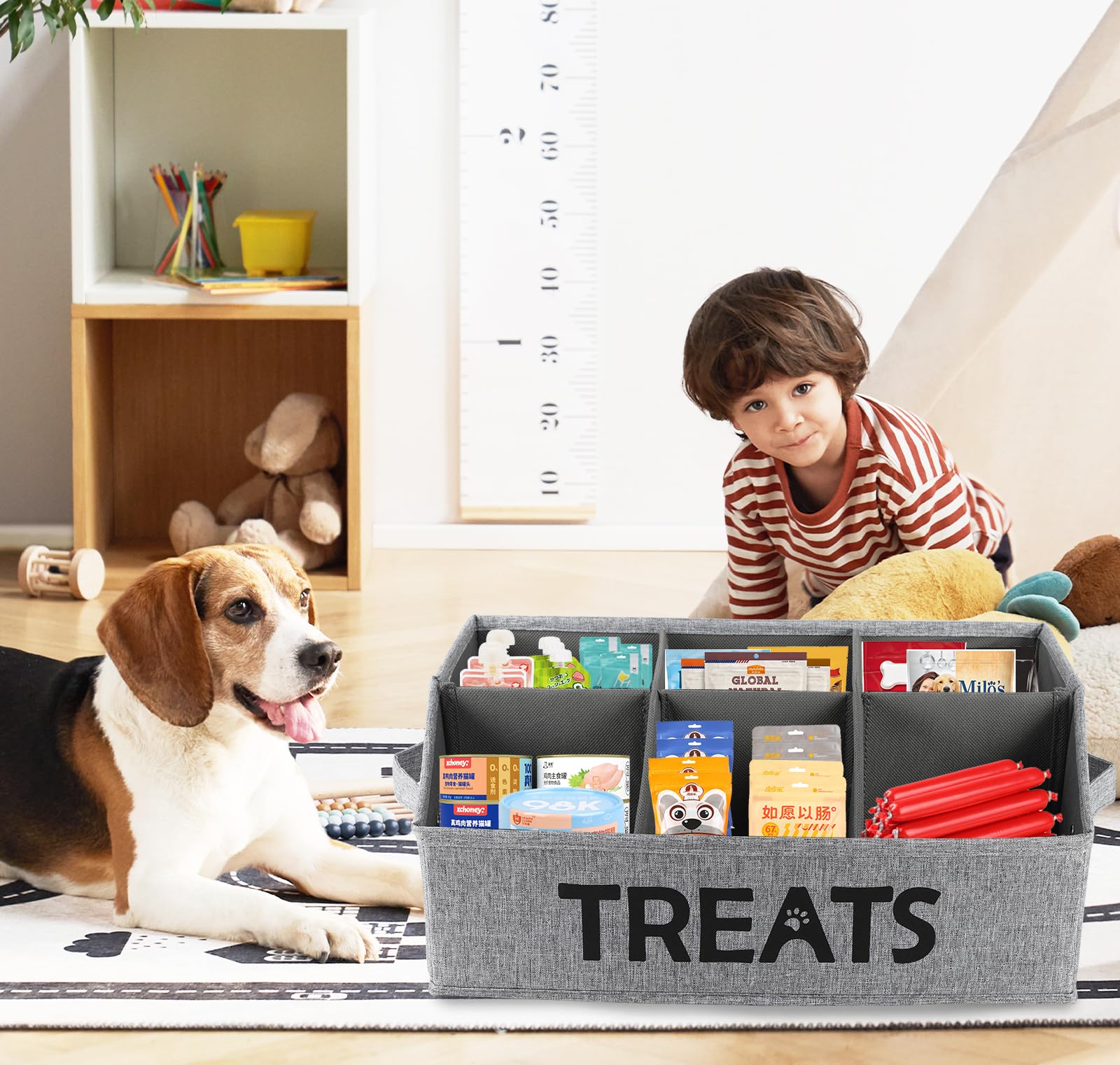 Brabtod Dog Storage Organizer,Dog Treat Container Bin,Collapsible Fabric Storage Box for Pet Treats with removable dividers,Dog Stuff Container for Dog Treats Stick/Pet Canned Food/Packaged Snacks