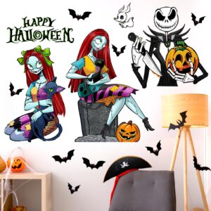 Mfault Happy Halloween Jack Skellington Wall Decals Stickers, Sally Jack O Lantern Pumpkin Decorations Bedroom Art, Funny Black Cat Bat Home Kitchen Living Room Decor