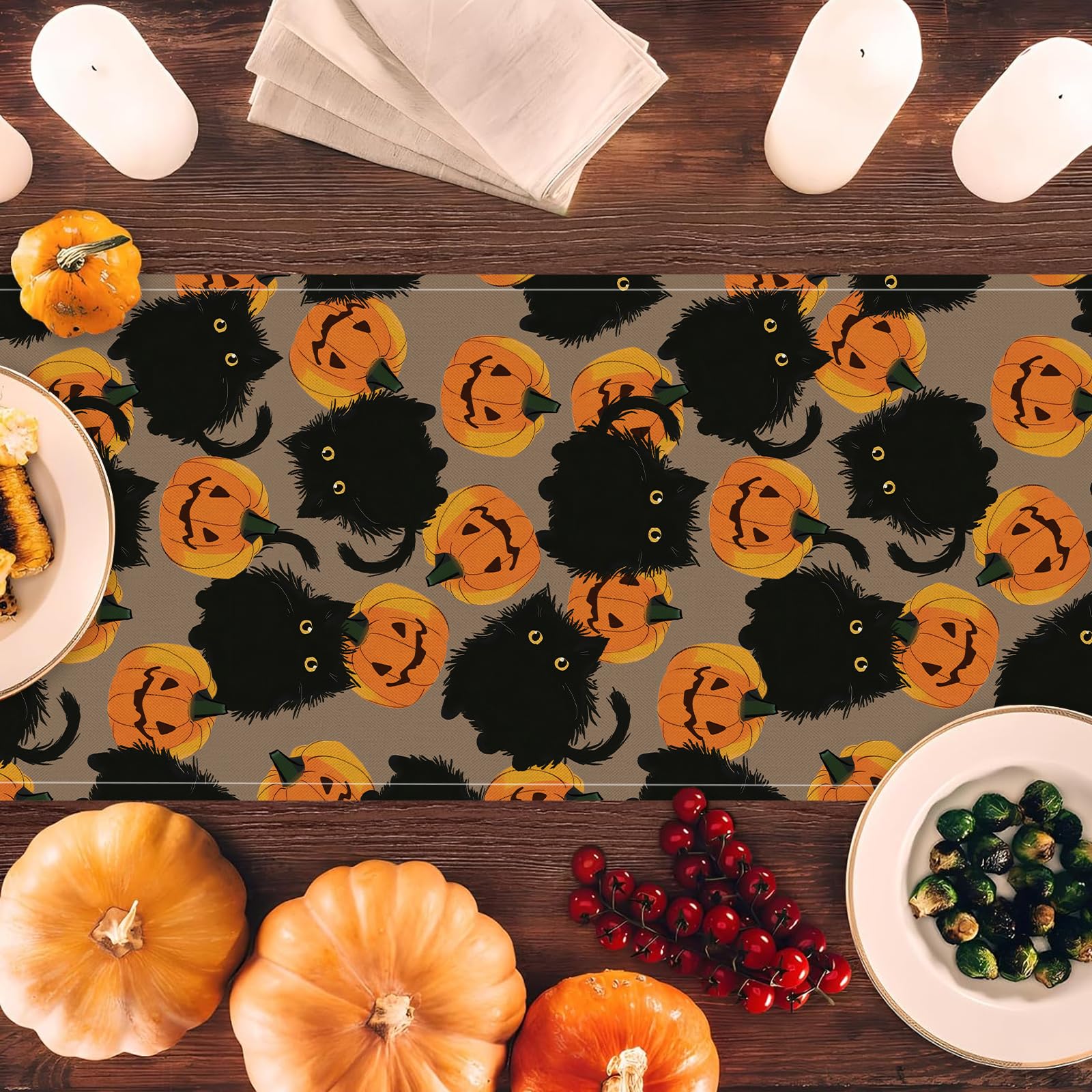 Halloween Table Runner Black Cat Pumpkins Seasonal Kitchen Dining Table Home Outdoor Party Decorations 13x72 Inch