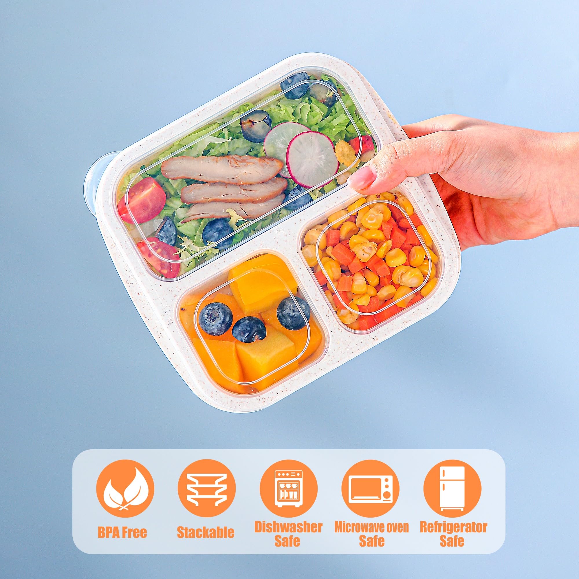 TOUWMX Bento Box For Kids - 6 Pack 3 Compartments Meal Prep Containers Reusable Wheat Straw Lunchable Containers, Snack Containers Snack Box For Adults, Bento Box Kids Lunch Box