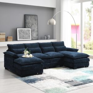 tmsan 109.8" sectional sofa cloud couch for living room, modern u shaped modular sofa with double chaise lounge, large 4 seater chenille sleeper sofa for apartment office (blue)