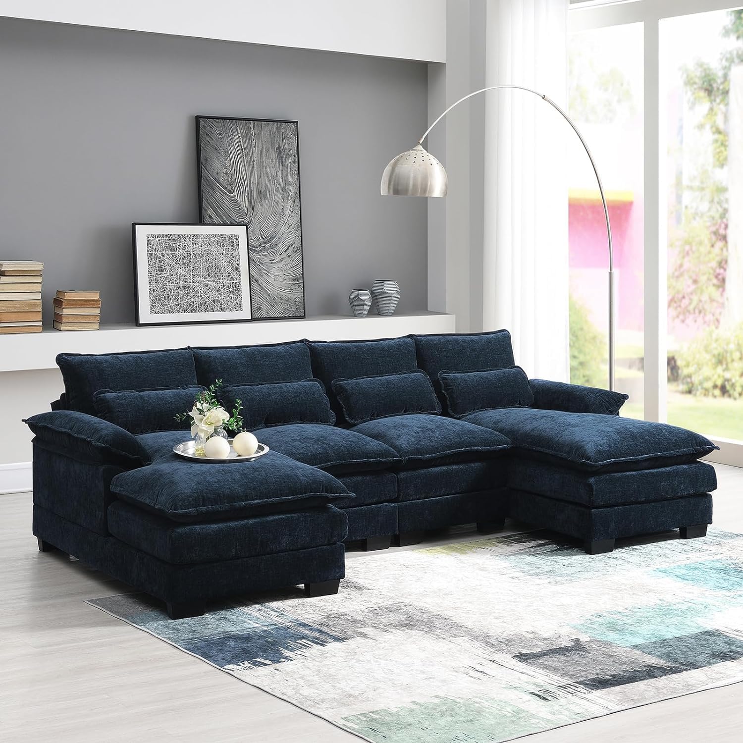 Tmsan 109.8" Sectional Sofa Cloud Couch for Living Room, Modern U Shaped Modular Sofa with Double Chaise Lounge, Large 4 Seater Chenille Sleeper Sofa for Apartment Office (Blue)