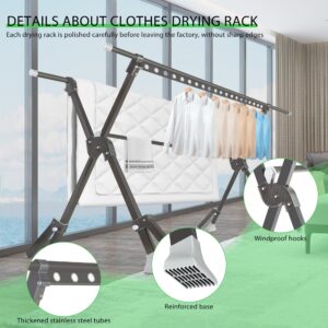 REAMIC 91 inches Folding Clothes Drying Rack Length Adjustable Laundry Clothes Drying Racks Indoor Outdoor Free Installed Collapsible Heavy Duty Foldable Drying Rack with 42 Windproof Hooks