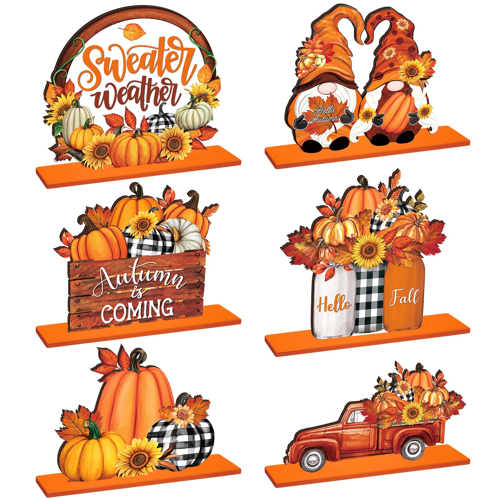 CroBlissful 6 Pcs Fall Table Decorations Wooden Fall Table Centerpieces Autumn Pumpkin Car Gnome Table Signs Thanksgiving Fall Decorations for Home Tiered Tray Decor