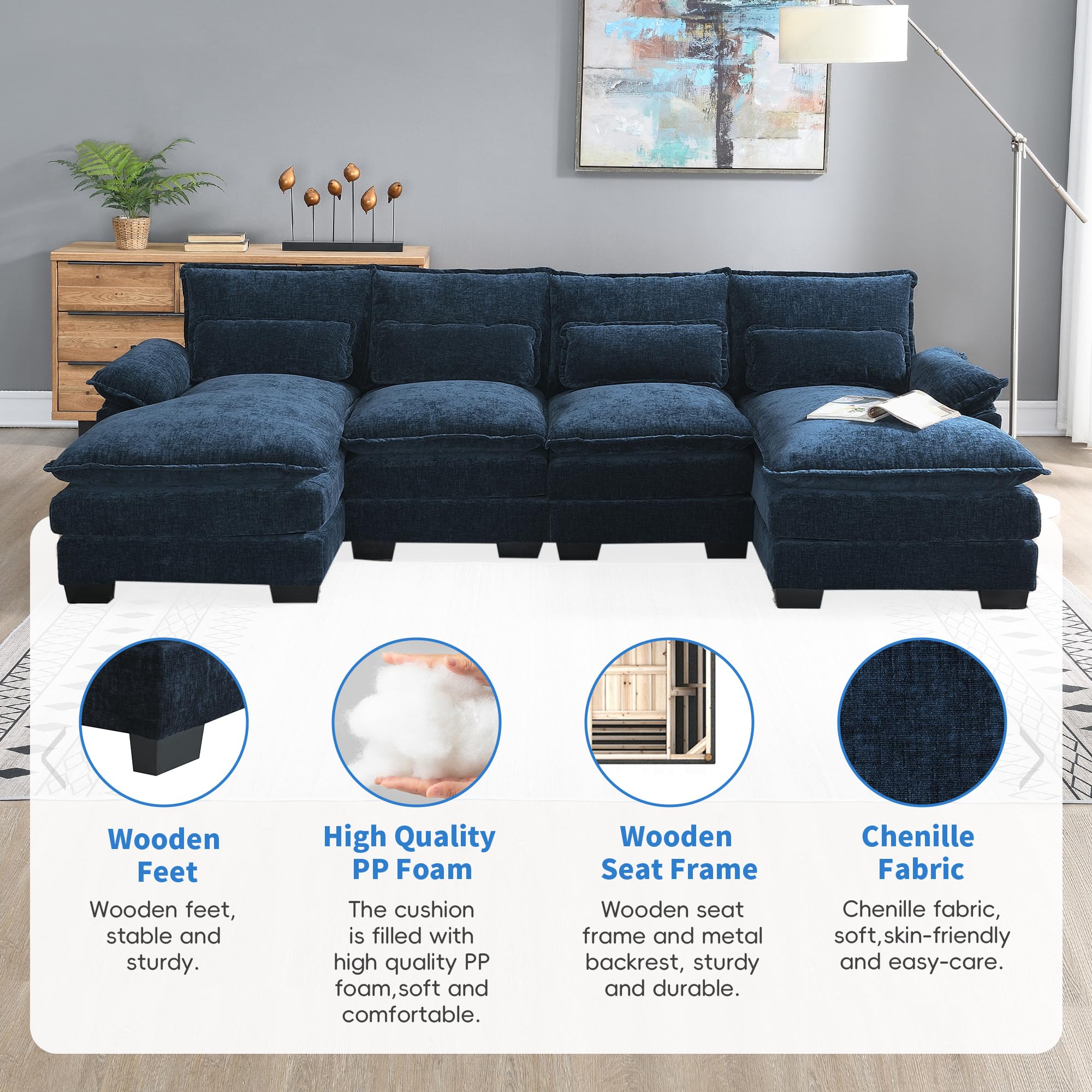 Tmsan 109.8" Sectional Sofa Cloud Couch for Living Room, Modern U Shaped Modular Sofa with Double Chaise Lounge, Large 4 Seater Chenille Sleeper Sofa for Apartment Office (Blue)