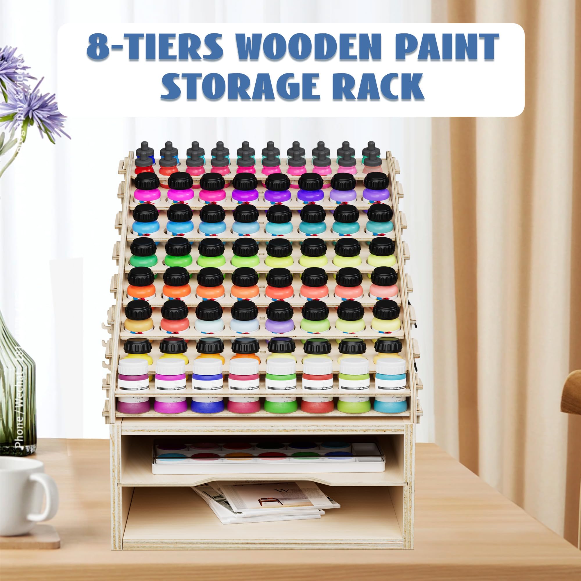 Gtouse Wooden Paint Storage Organizer, Citadel Paint Holder for 76 Bottles of Paints and 16 Paint Brushes Holder, 8-Tiers Craft Paint Storage Rack with 2 Cabinets for Art Tools for Artists