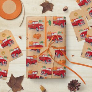 WRAPAHOLIC Kraft Thanksgiving Wrapping Paper Roll - Mini Roll - 17 Inch x 33 Feet - Car Pumpkins and Give Thanks Lettering Design, Perfect for Thanksgiving, Autumn, Party, Holiday