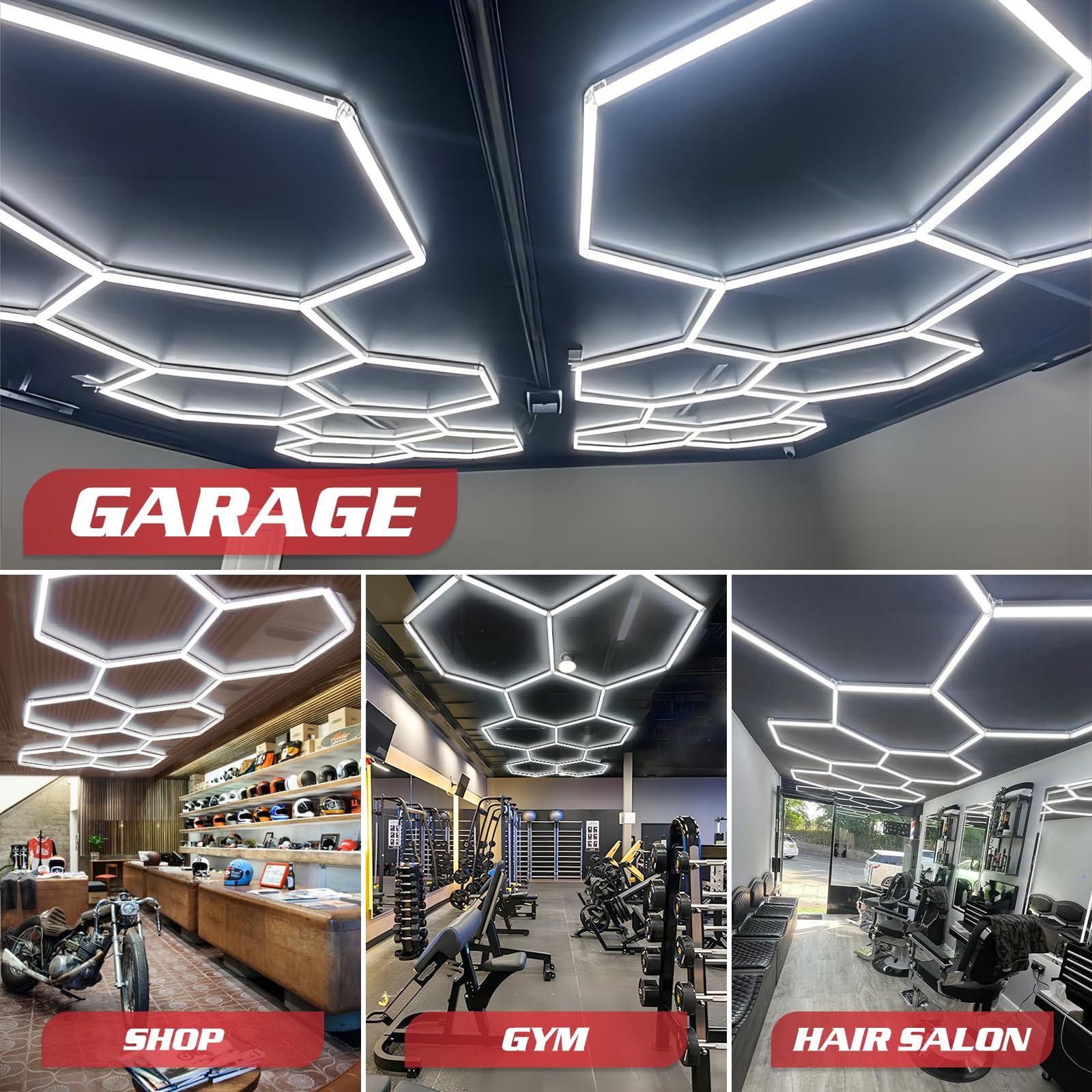 ALL4DETAIL Hexagon LED Garage Light, 8 Grid System 6500K Car Detailing Shop Light for Workshop Garage Basement Gym