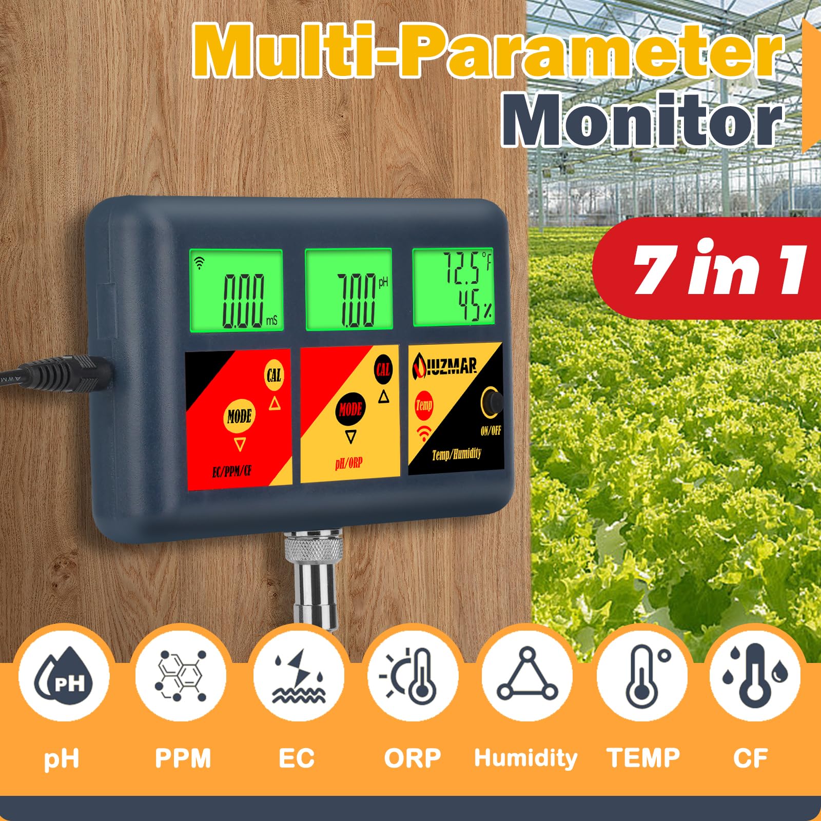 UIUZMAR pH EC TDS Continuous Monitor pH ORP Meter for Home Growers, 7 in 1 pH EC PPM CF ORP Temp Humidity Meter for Indoor Hydroponic Garden Reservoir Water Tank DWC Setup Aeroponic Gardening