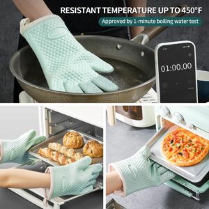 MAD SHARK Silicone Oven Mitts Heat Resistant 450 Degrees with Waterproof & Non-Slip Oven Gloves with Fingers, Silicone Oven Gloves Kitchen Mittens for Baking Cooking Barbecue (Green)