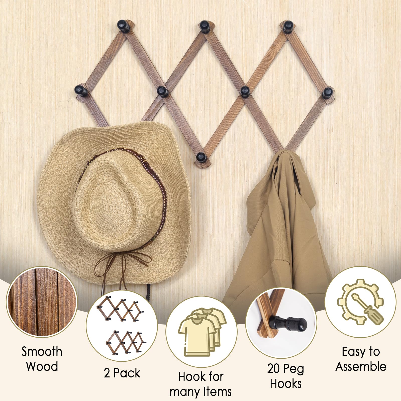 Wooden Expandable Accordion Wall Hanger,2 Pack Including 20 Peg Hooks,Perfectly Hook for Coats, Mugs,Coffee, Coat,Keys, Hat Rack,X Shap,Make Living Room Decorative and Neat,Rustic Style (Brown)