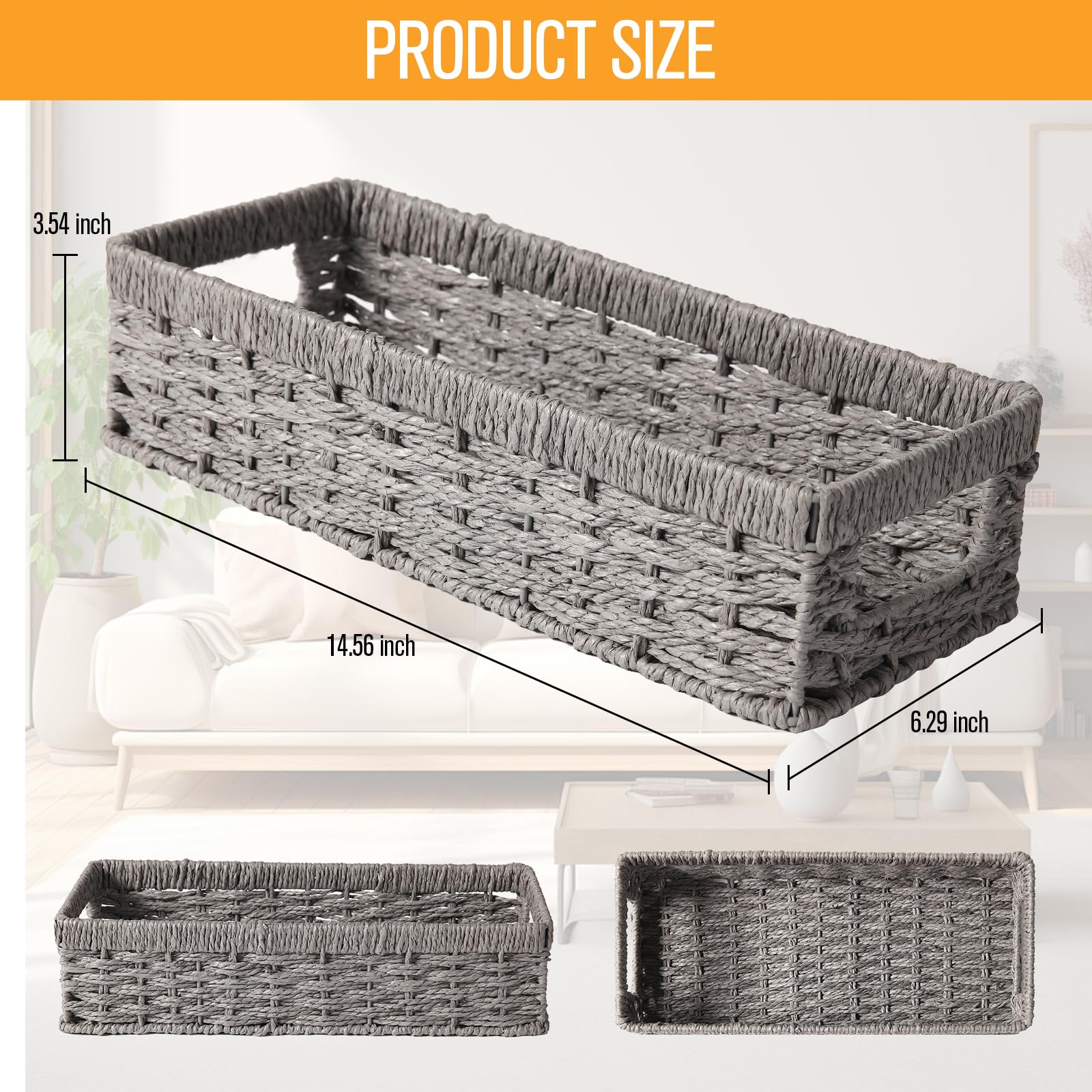 Airsnigi 4 Pack Wicker Storage Baskets, Toilet Basket Tank Topper Wicker Storage Basket for Shelves, Decorative Basket for Organizing Pantry Bathroom Toilet Tank (One Section) (Grey)