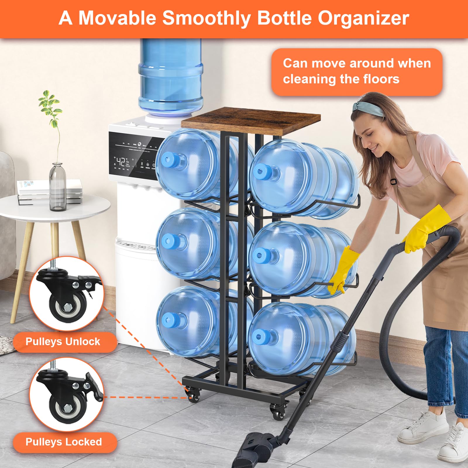 5 Gallon Water Jug Holder,3 Tier Foldable Heavy Duty Water Jug Stand Water Bottle Holder Organizer with Lockable Casters Water Dispenser Stand Rack with Removable Wood Top Shelf for 6 Bottles