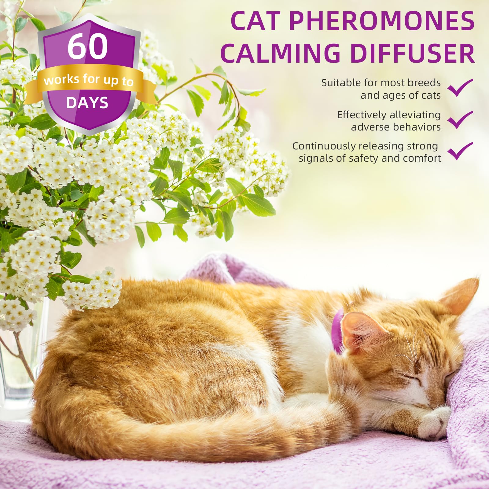 G · PEH Cat Pheromones Calming Diffuser, 2 Pack Premium Pheromone Diffuser for Cats, Cat Calming Diffuser with 2 Diffuser + 2 Refill 48ml Vial Relieve Anxiety Stress for Cats Calm for 60 Days