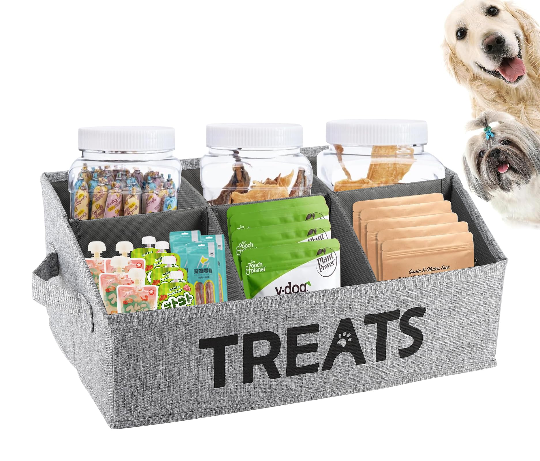 Brabtod Dog Storage Organizer,Dog Treat Container Bin,Collapsible Fabric Storage Box for Pet Treats with removable dividers,Dog Stuff Container for Dog Treats Stick/Pet Canned Food/Packaged Snacks