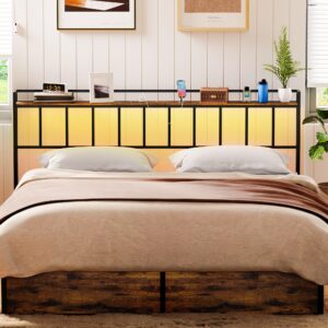 LAKEMID King Headboard, Headboards with LED Light, Outlets and USB Ports, Head Board with Storage Rack, Sturdy and Stable Headboard for King Size Bed, Adjustable Height, Easy Assembly, Rustic Brown