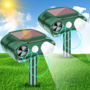 2 pack upgraded solar deer repellent devices for garden,ultrasonic animal repeller outdoor with motion sensor to scare away raccoon cat rabbit squirrel dog skunk,animal deterrent for yard protection