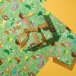 WRAPAHOLIC Animal Kids Birthday Wrapping Paper Roll - Mini Roll - 17 Inch x 33 Feet - Baby Animal Birthday Design, Perfect for Birthday, Party, Holiday