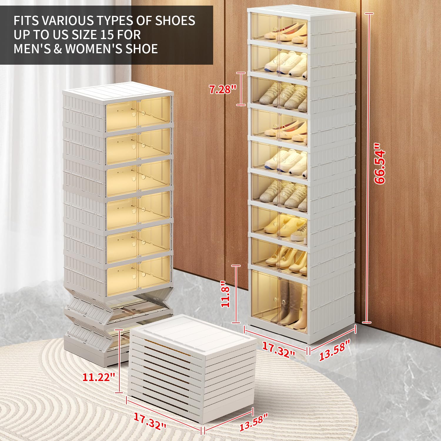 CIMLORD 9-Tier Foldable Shoe Rack Organizer for Closet 18Pairs Plastic Shoe Shelf Collapsible Shoes Storage Box Clear Shoe Boxes Stackable with Door Easy Assembly Shoe Cabinet with Lids Large