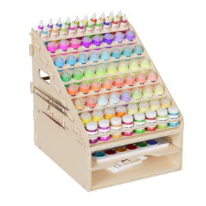 gtouse wooden paint storage organizer, citadel paint holder for 76 bottles of paints and 16 paint brushes holder, 8-tiers craft paint storage rack with 2 cabinets for art tools for artists