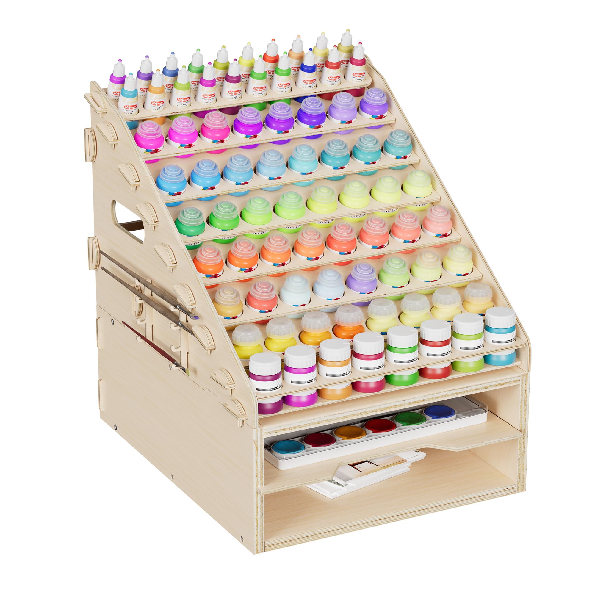 Gtouse Wooden Paint Storage Organizer, Citadel Paint Holder for 76 Bottles of Paints and 16 Paint Brushes Holder, 8-Tiers Craft Paint Storage Rack with 2 Cabinets for Art Tools for Artists