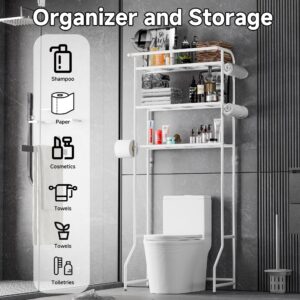 RightTech Over The Toilet Storage Rack with Toilet Paper Holder, Heavy Duty Metal 3 Tier Wall linkable Bathroom Organizer Shelf with 4 Hooks, White