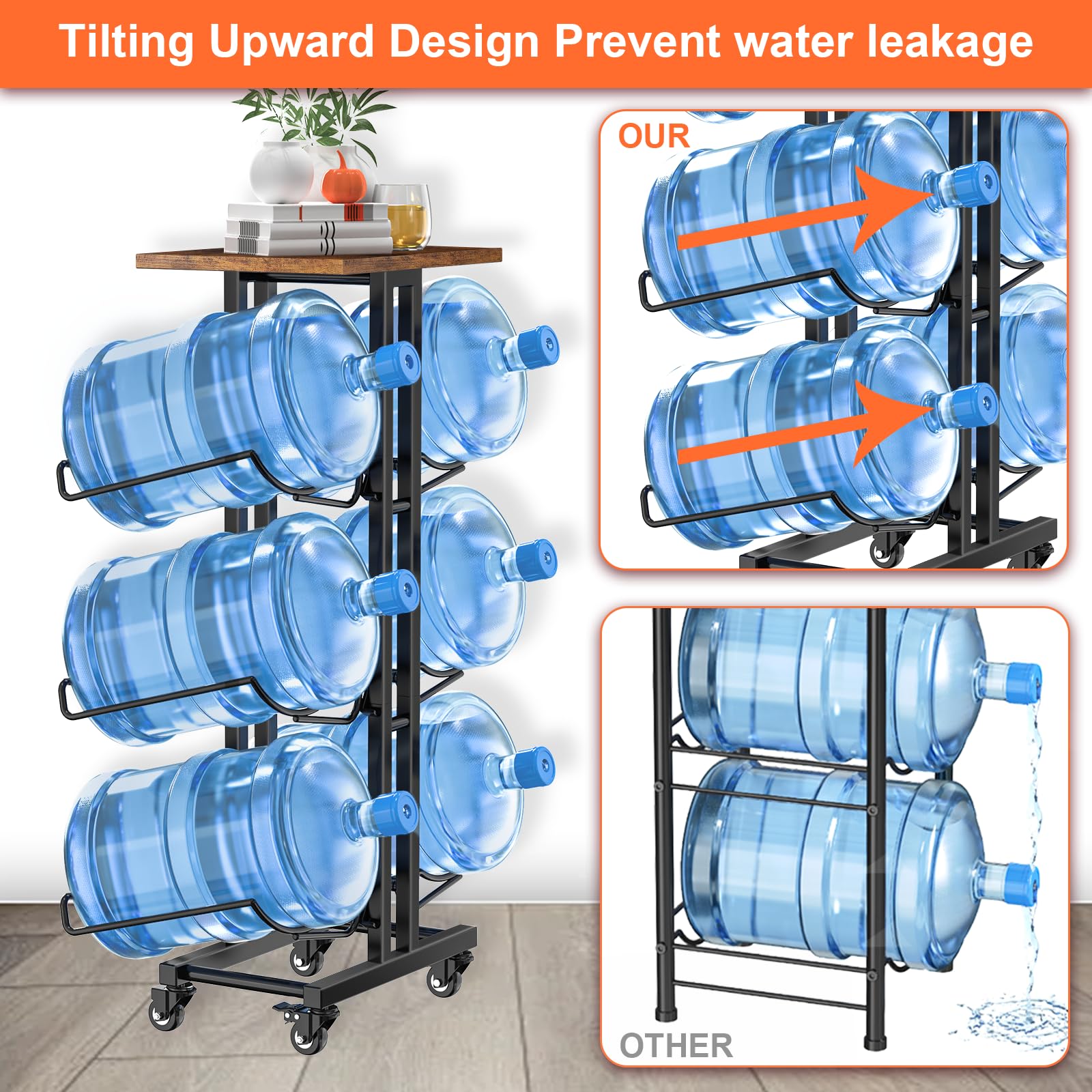 5 Gallon Water Jug Holder,3 Tier Foldable Heavy Duty Water Jug Stand Water Bottle Holder Organizer with Lockable Casters Water Dispenser Stand Rack with Removable Wood Top Shelf for 6 Bottles