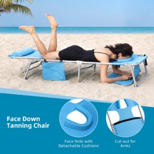 Tanning Chair for Adults with Face Hole - Versatile, Folding Chaise Lounge Chair for Outside Pool, Beach, Sunbathing and Reading on Stomach - Heavy Duty, Foldable Laying Out Chair for Tanning (Blue)