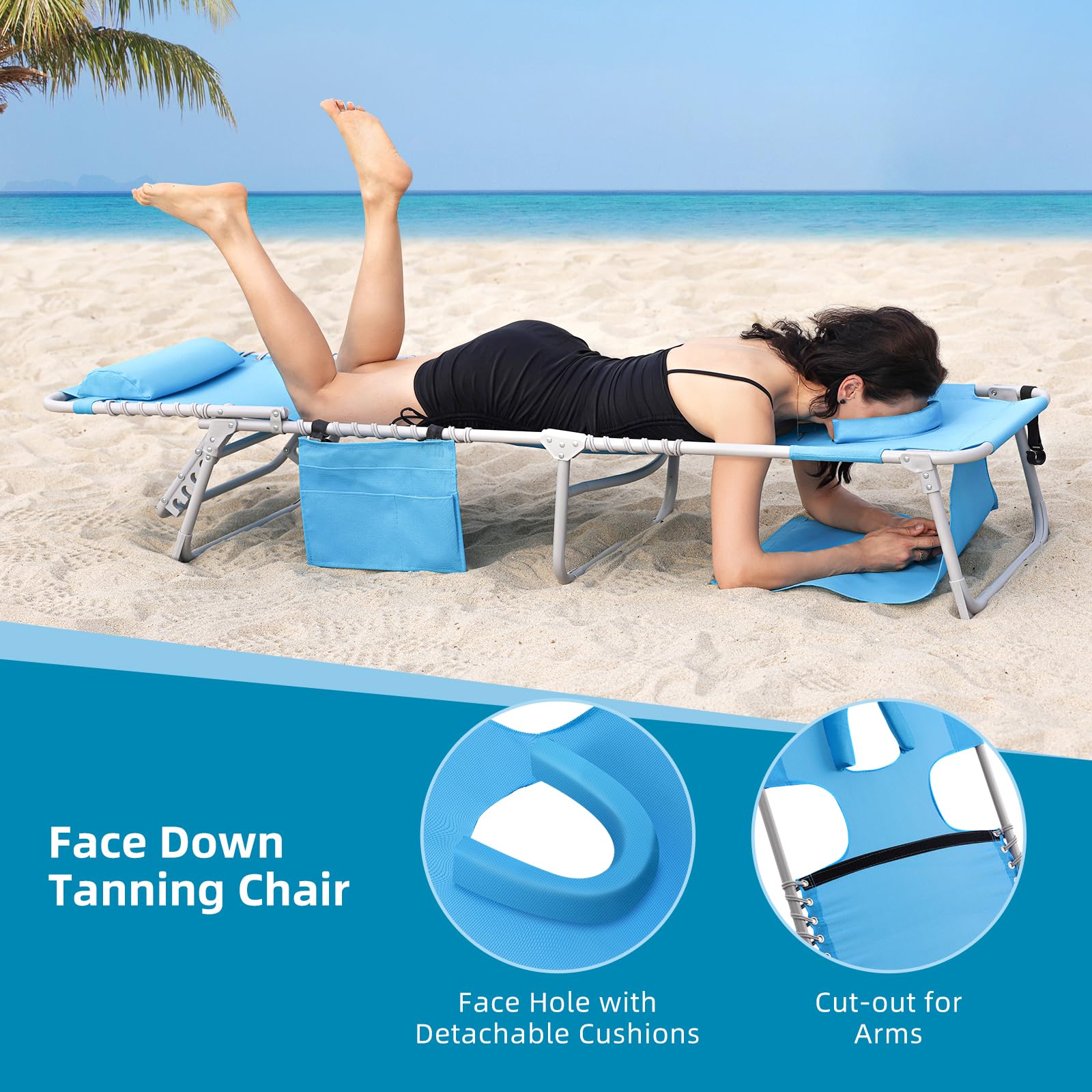 Tanning Chair for Adults with Face Hole - Versatile, Folding Chaise Lounge Chair for Outside Pool, Beach, Sunbathing and Reading on Stomach - Heavy Duty, Foldable Laying Out Chair for Tanning (Blue)