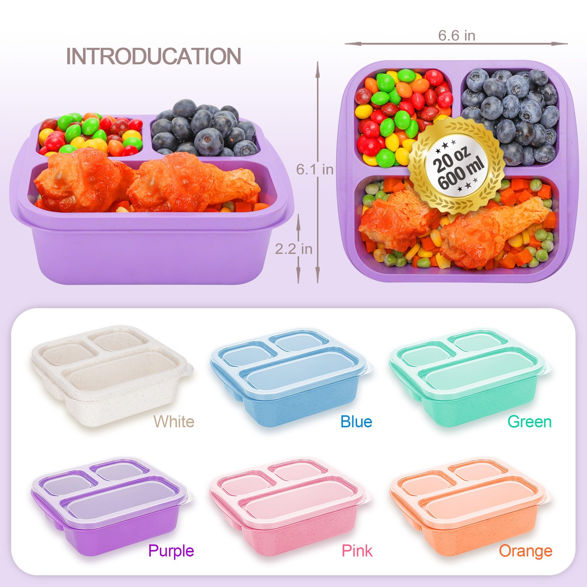 TOUWMX Bento Box For Kids - 6 Pack 3 Compartments Meal Prep Containers Reusable Wheat Straw Lunchable Containers, Snack Containers Snack Box For Adults, Bento Box Kids Lunch Box