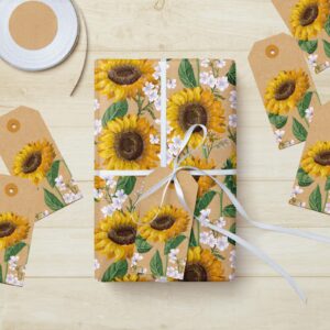 WRAPAHOLIC Kraft Floral Wrapping Paper Roll - Mini Roll - 17 Inch x 33 Feet - Sunflower Design, Perfect for Birthday, Baby Shower, Party, Holiday