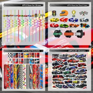 108PCS Race Car Party Favors Car Themed Birthday Party Goodie Bags Stuffers with Party Straw, Bubble Slap Bracelet,Race Cars,DIY Car Stickers,Pencil Caps Suitable Race Car Party