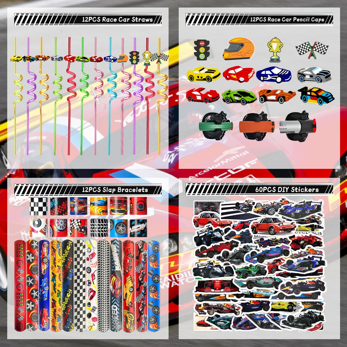 108PCS Race Car Party Favors Car Themed Birthday Party Goodie Bags Stuffers with Party Straw, Bubble Slap Bracelet,Race Cars,DIY Car Stickers,Pencil Caps Suitable Race Car Party