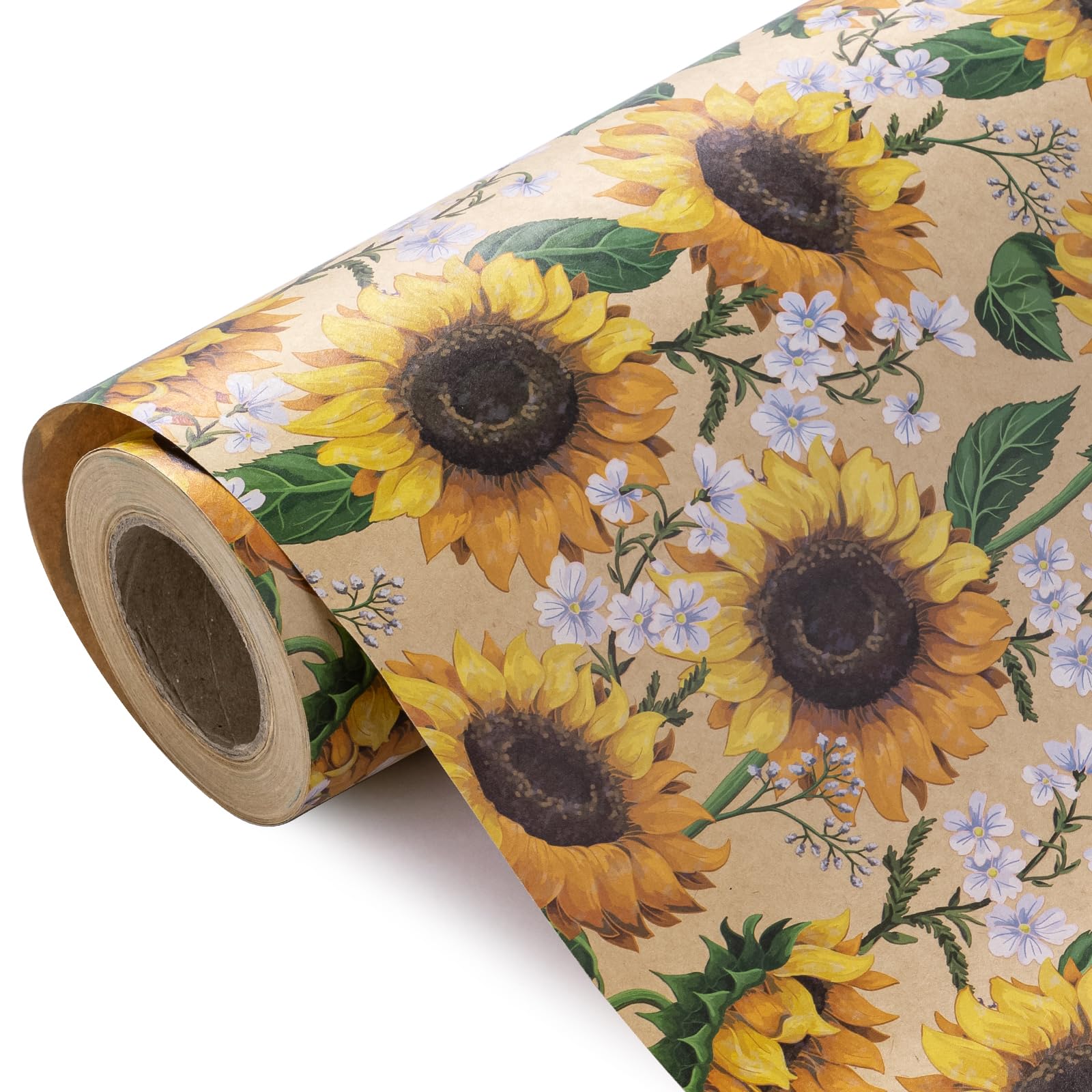 WRAPAHOLIC Kraft Floral Wrapping Paper Roll - Mini Roll - 17 Inch x 33 Feet - Sunflower Design, Perfect for Birthday, Baby Shower, Party, Holiday