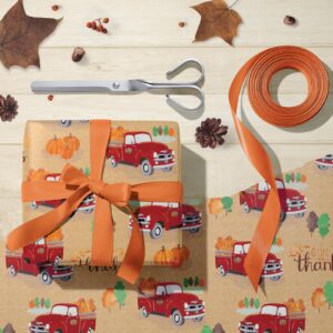 WRAPAHOLIC Kraft Thanksgiving Wrapping Paper Roll - Mini Roll - 17 Inch x 33 Feet - Car Pumpkins and Give Thanks Lettering Design, Perfect for Thanksgiving, Autumn, Party, Holiday