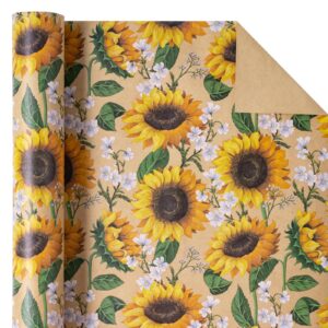 WRAPAHOLIC Kraft Floral Wrapping Paper Roll - Mini Roll - 17 Inch x 33 Feet - Sunflower Design, Perfect for Birthday, Baby Shower, Party, Holiday