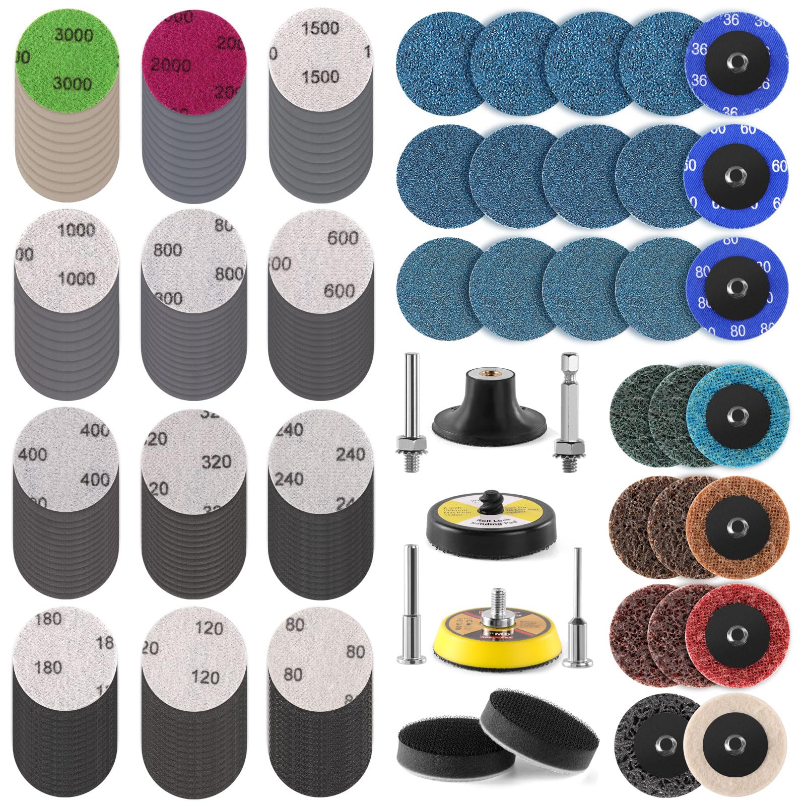 POLIWELL 2 Inch Sanding Discs Hook and Loop Variety Kit 80-3000 Grit for Drill Grinder Rotary Tools Die Grinder,2”Roll Lock Quick Change Discs Attachment with 1/8"&1/4" Shank Backer Plate,195 Pack