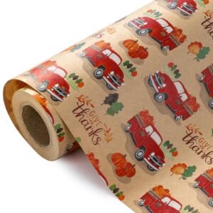 wrapaholic kraft thanksgiving wrapping paper roll - mini roll - 17 inch x 33 feet - car pumpkins and give thanks lettering design, perfect for thanksgiving, autumn, party, holiday