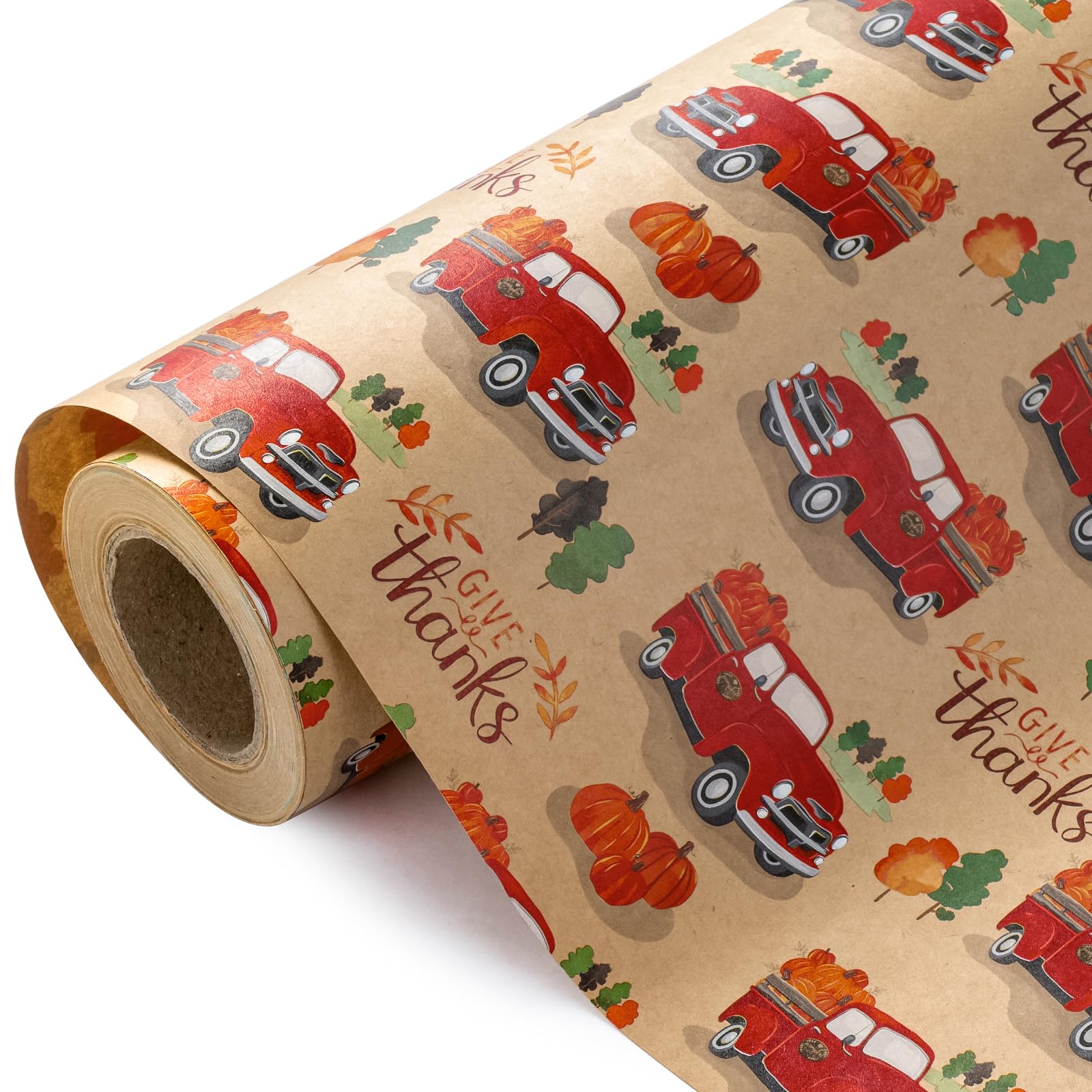 WRAPAHOLIC Kraft Thanksgiving Wrapping Paper Roll - Mini Roll - 17 Inch x 33 Feet - Car Pumpkins and Give Thanks Lettering Design, Perfect for Thanksgiving, Autumn, Party, Holiday