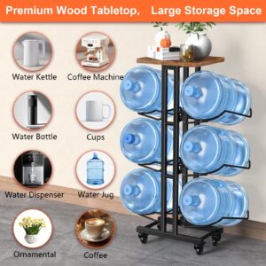 5 Gallon Water Jug Holder,3 Tier Foldable Heavy Duty Water Jug Stand Water Bottle Holder Organizer with Lockable Casters Water Dispenser Stand Rack with Removable Wood Top Shelf for 6 Bottles