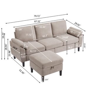 Tornama Convertible Sectional Sofa, Modern Polyester Small L Shaped Couch with Reversible Storage Chaise, 3 Seat Sofa Couches for Living Room, Apartment and Small Space, Beige