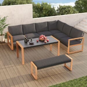 grand patio 4-piece aluminum patio furniture set, l shaped outdoor sectional couch with dining table and bench, modern outdoor conversation corner sofa with chaise, faux wood grain finish