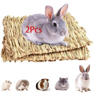 coteleec 2 pcs rabbit grass mats, natural straw hay woven rabbit bed cage mats pet handmade bedding, sleeping chewing nesting and toys for hamster bunny chinchilla bird and other small animal (2pcs)