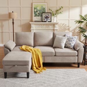 tornama convertible sectional sofa, modern polyester small l shaped couch with reversible storage chaise, 3 seat sofa couches for living room, apartment and small space, beige