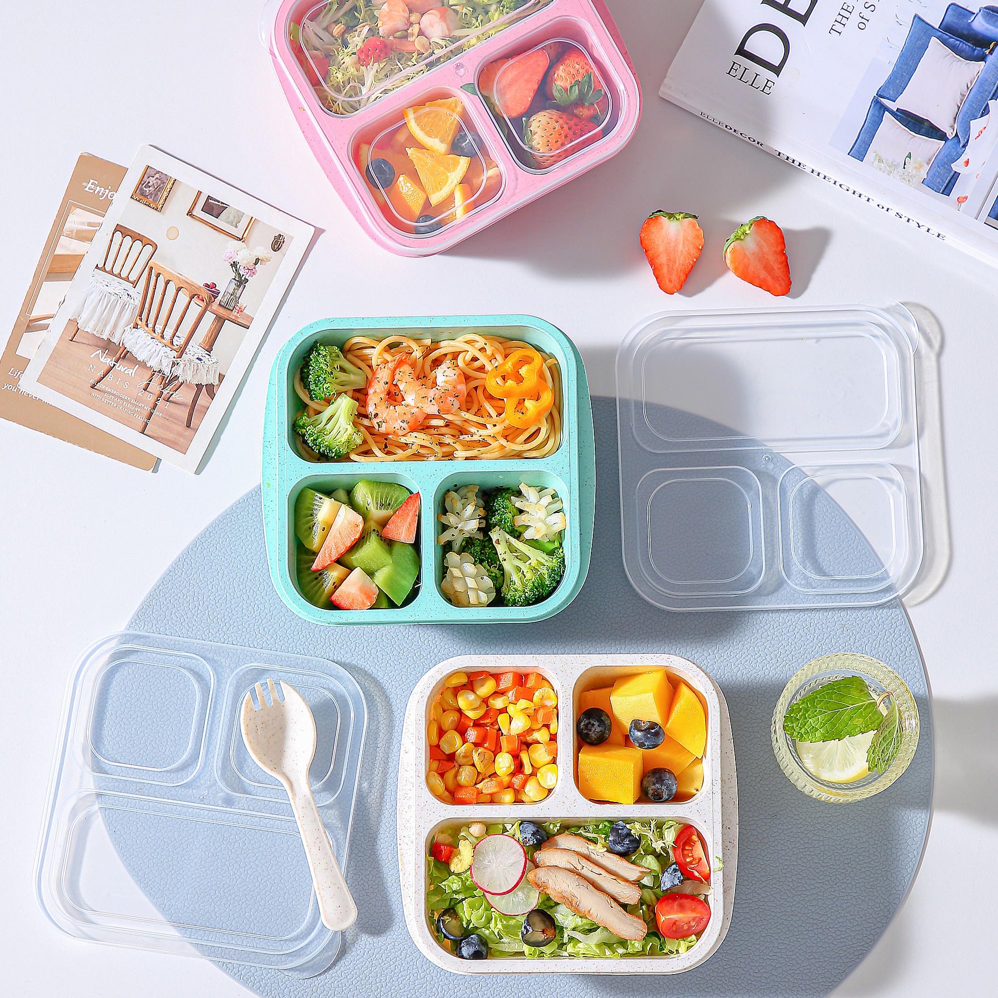 TOUWMX Bento Box For Kids - 6 Pack 3 Compartments Meal Prep Containers Reusable Wheat Straw Lunchable Containers, Snack Containers Snack Box For Adults, Bento Box Kids Lunch Box