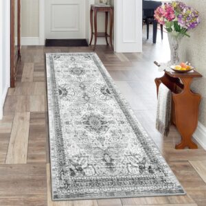 haperlare washable runner area rug - 2x6 vintage soft farmhouse rug ultra thin distressed oriental reto indoor floor carpet rug for living room, bedroom, dining room and home office grey