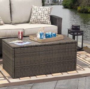 d&f design jackson indoor & outdoor pe wicker coffee table with storage, patio resin rattan for furniture covers, pillow, toys and gardening tools grey (brownish grey)