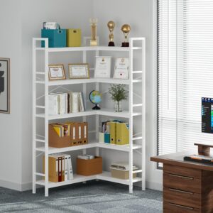 Lazyvan White Corner Bookshelf,5 Tiers Corner Shelf with Open Storage,L Shaped Shelves for Home Office,Living Room,Bedroom