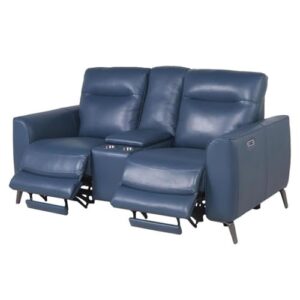 BOWERY HILL Ocean Blue Top Grain Leather Power Reclining Console Loveseat